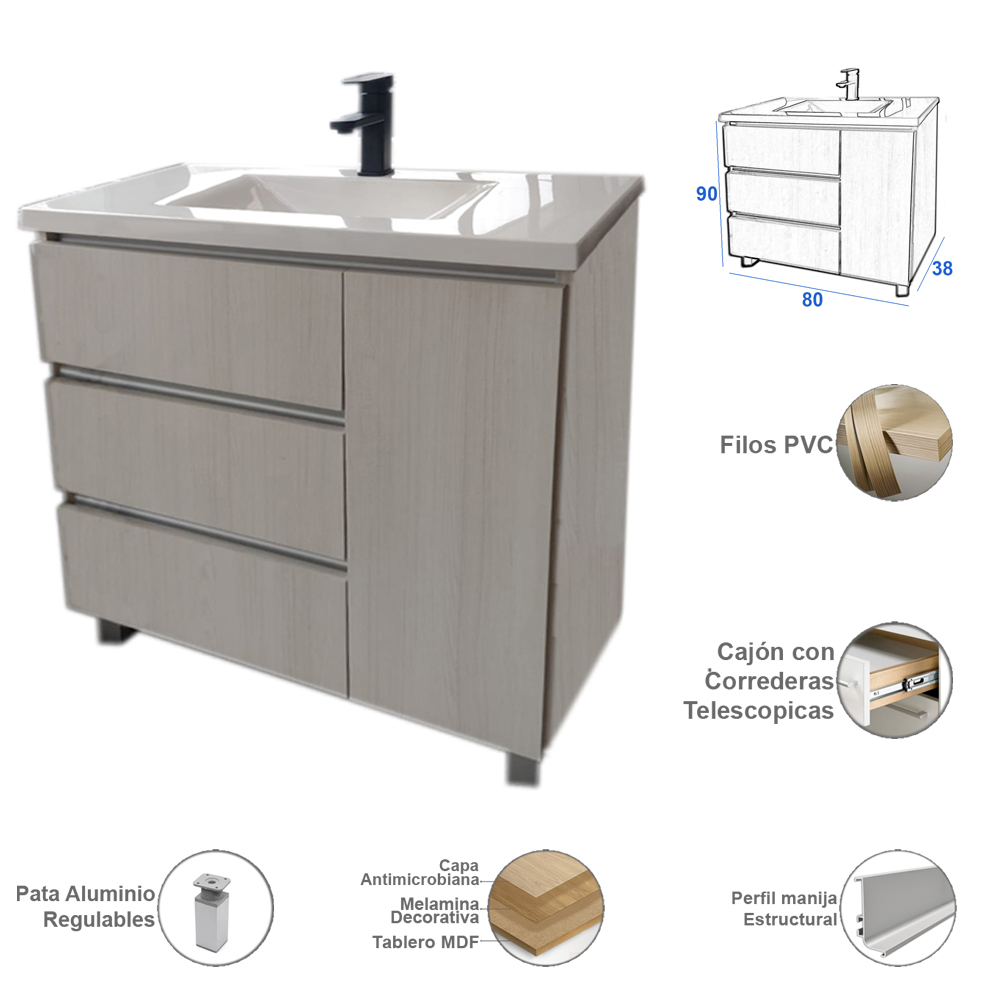 VANITORY 80 PATAS 3 CAJONES Y PUERT